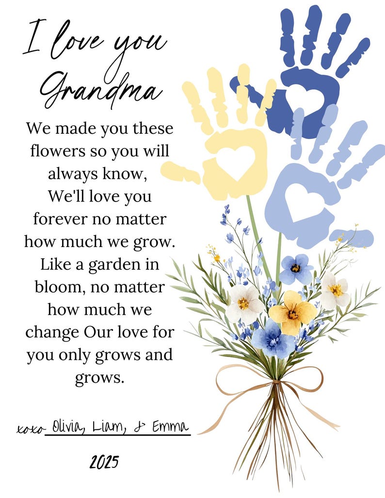 Flower Bouquet Handprint Poem Art for Grandma, Birthday Unique Kids ...