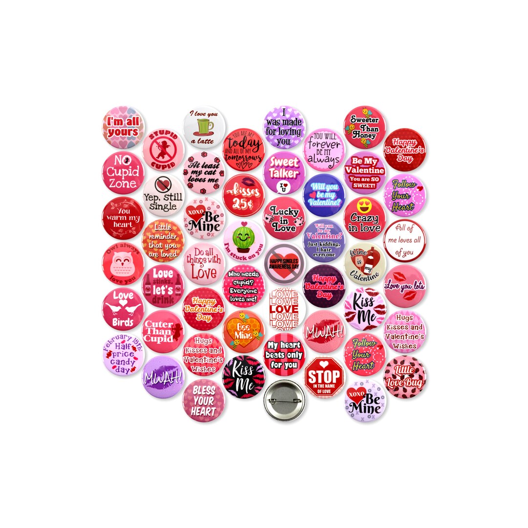 50 Pack Valentine's Day Mega Pack Pinback Button Badges 1.5 Inch Round ...