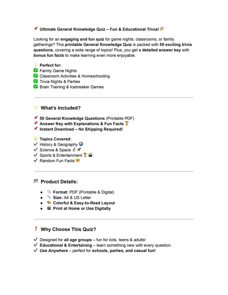 Printable Trivia - General Knowledge - Etsy