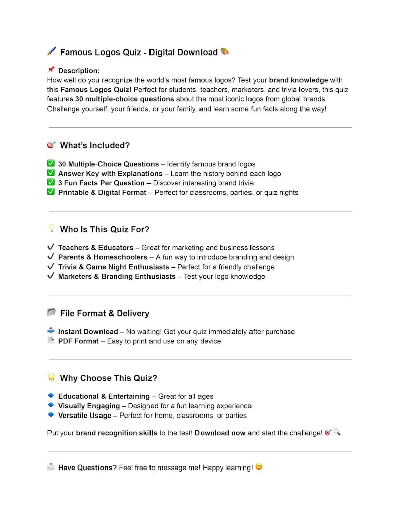 Famous Logos Quiz | Guess the Brand Printable Game | Fun Trivia for ...