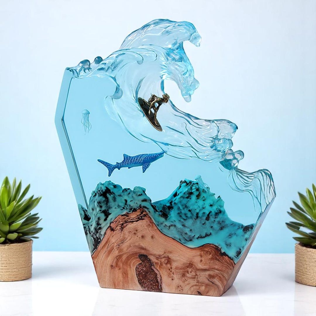 Ocean Wave Resin Lamp With Surfer – Handmade Epoxy Art Night Light With ...