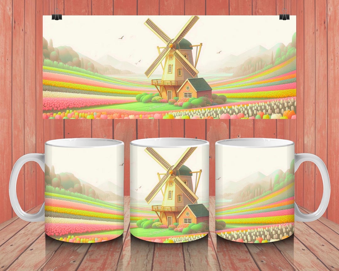 Tulip Field With Windmill Mug, Watercolor Pastel Coffee Mug, Tulip Mug ...