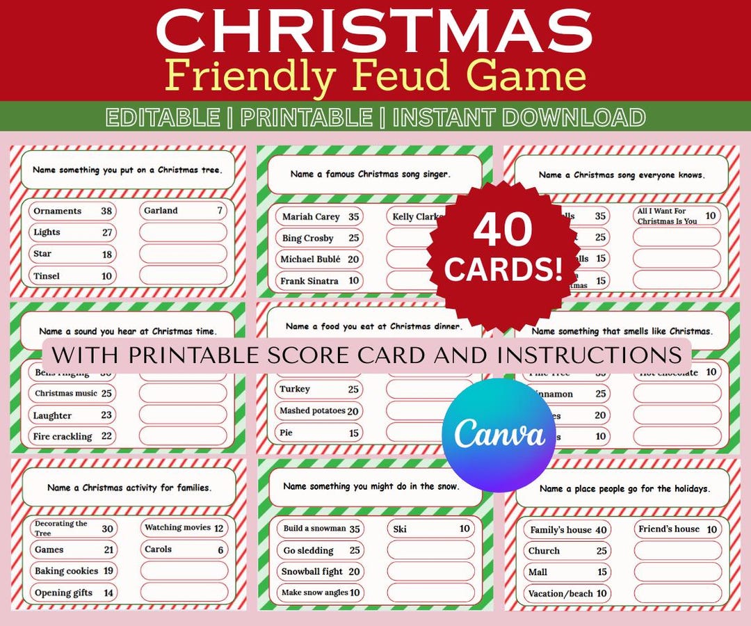 Printable Christmas Feud Game, 40 Cards, Editable Template (PDF) - Etsy