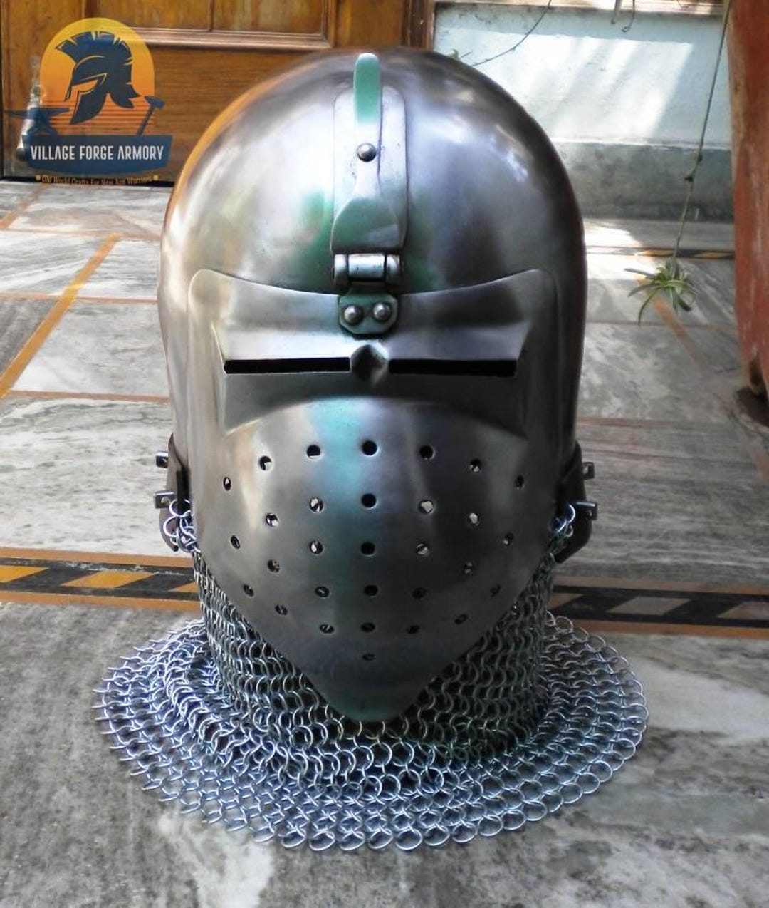 Medieval Bascinet Helmet: Klapvisor & Aventail, Matte Steel Finish ...