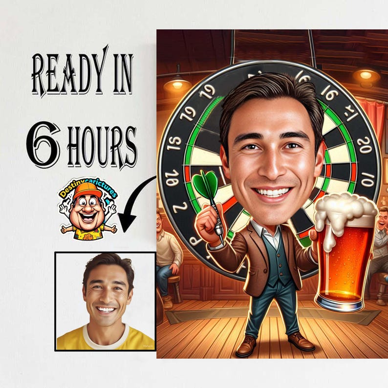 Personalised Darts Player Cartoon Portrait, Custom Darts Caricature ...