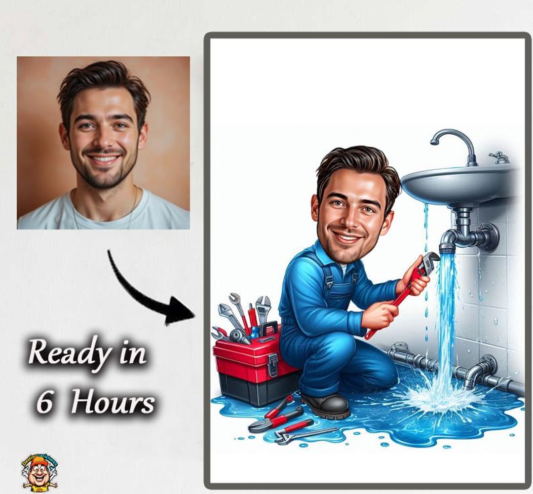 Custom Plumber Caricature Portrait - Personalized Cartoon Style Art ...
