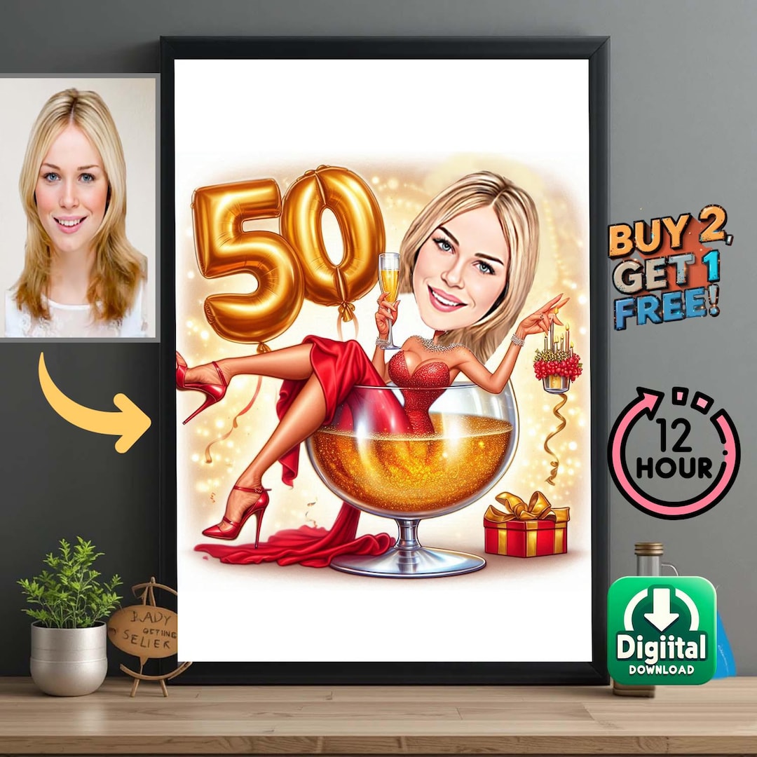 Customized 50th Birthday Caricature From Photos, Happy Birthday Cartoon ...