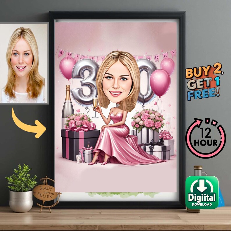 Personalized 30th Birthday Caricature Portrait, Custom Digital Drawing ...