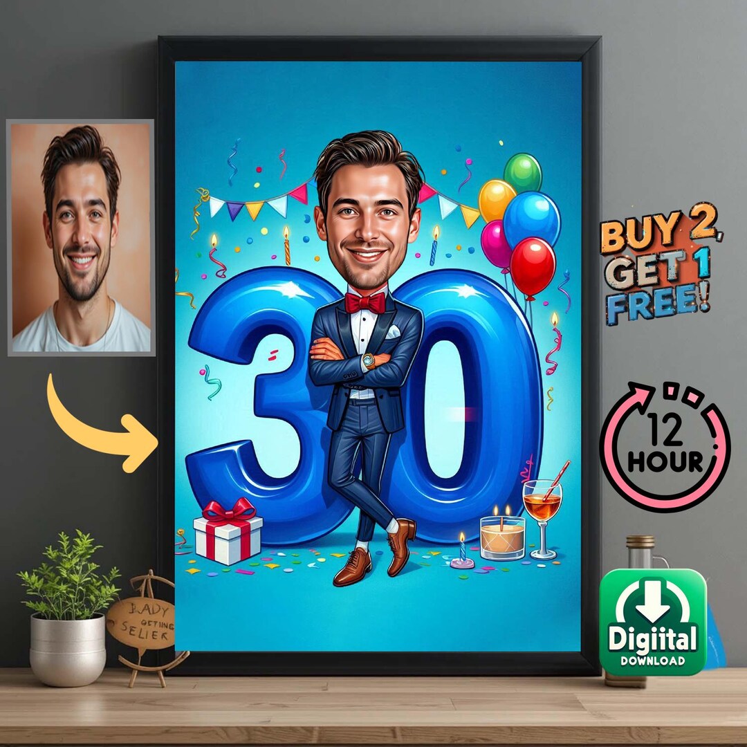 Personalised 30th Cartoon Portrait, Custom Happy Birthday Caricature ...