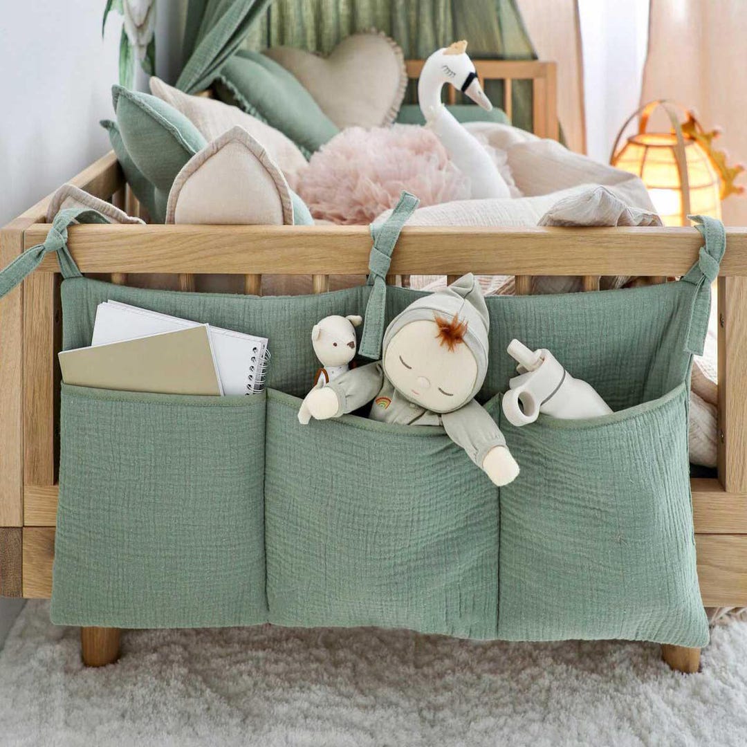Muslin Crib Organizer – 3-pocket Hanging Storage for Baby Essentials ...