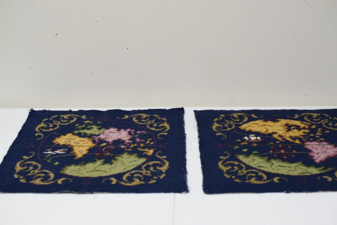 Set of 2 VINTAGE World Globe Atlas Map Completed Finished Needlepoint ...