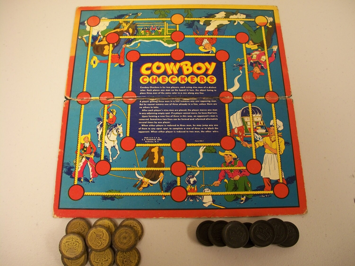 Vintage E E Fairchild Cowboy Checkers Board and Pieces - Etsy
