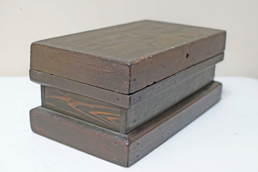 Vintage Antique Green Brown Stain Handmade Primitive Wood Storage Box ...