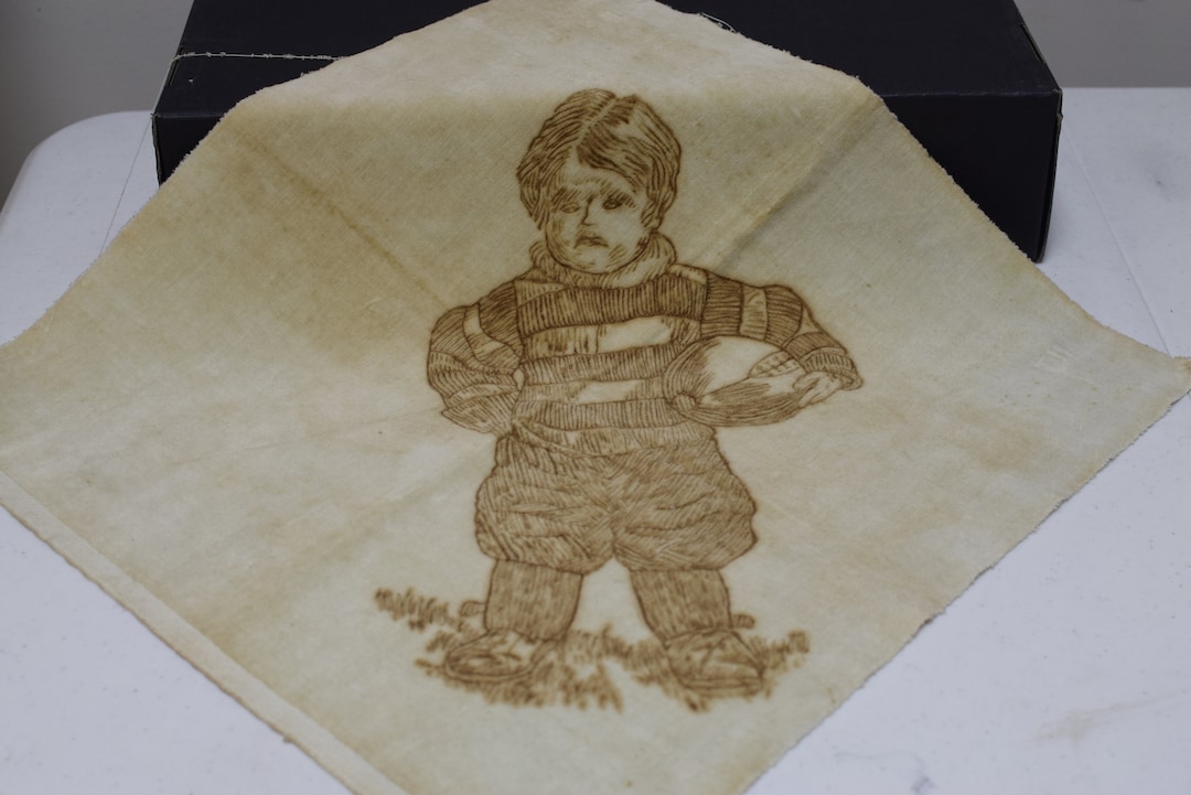 ANTIQUE VINTAGE Victorian Pyrography on Velveteen ~ 1900s Boy W Ball ...