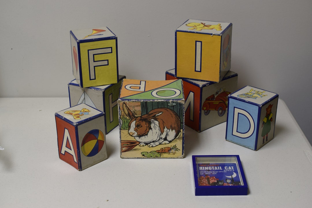 ANTIQUE Vintage Cardboard Nesting Stacking Alphabet Blocks Ringtail Cat ...
