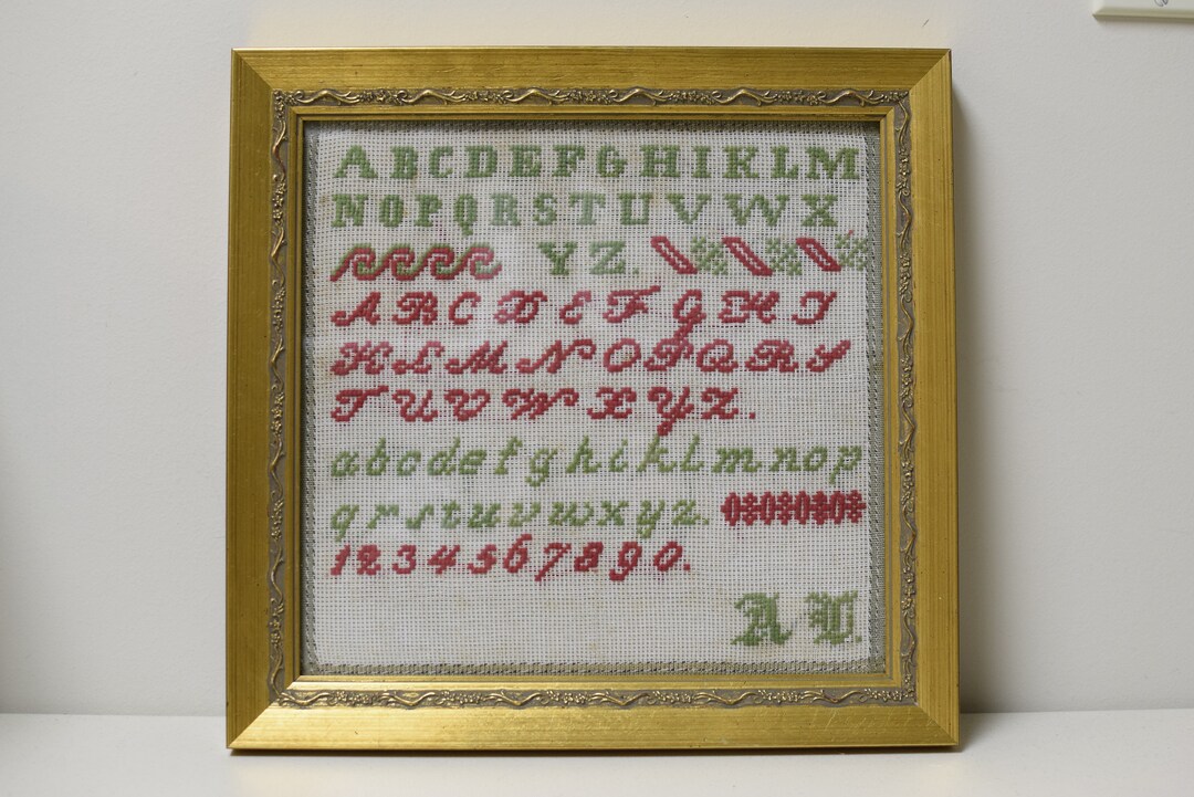 Antique Framed Sampler Alphabet Needlepoint Red Green Wool 14" X 13 1/2 ...