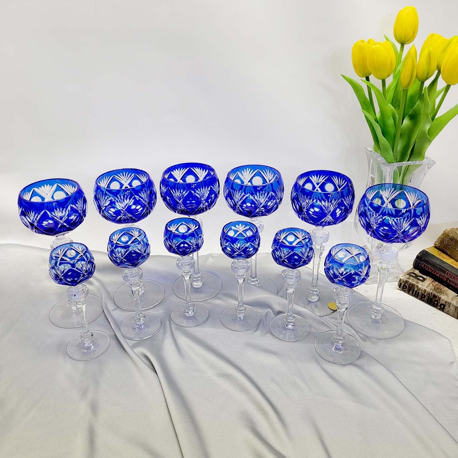 WMF Royal Blue Cut to Clear Crystal Goblet and Cordial Set: Vintage ...