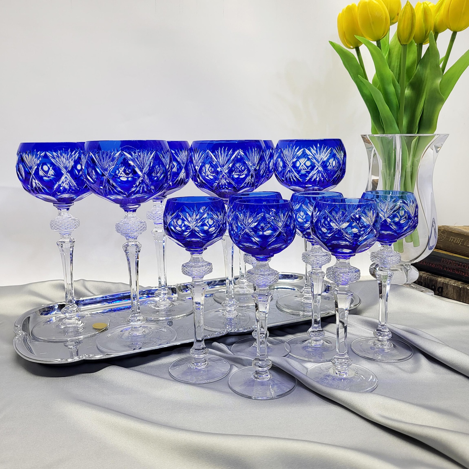 WMF Royal Blue Cut to Clear Crystal Goblet and Cordial Set: Vintage ...