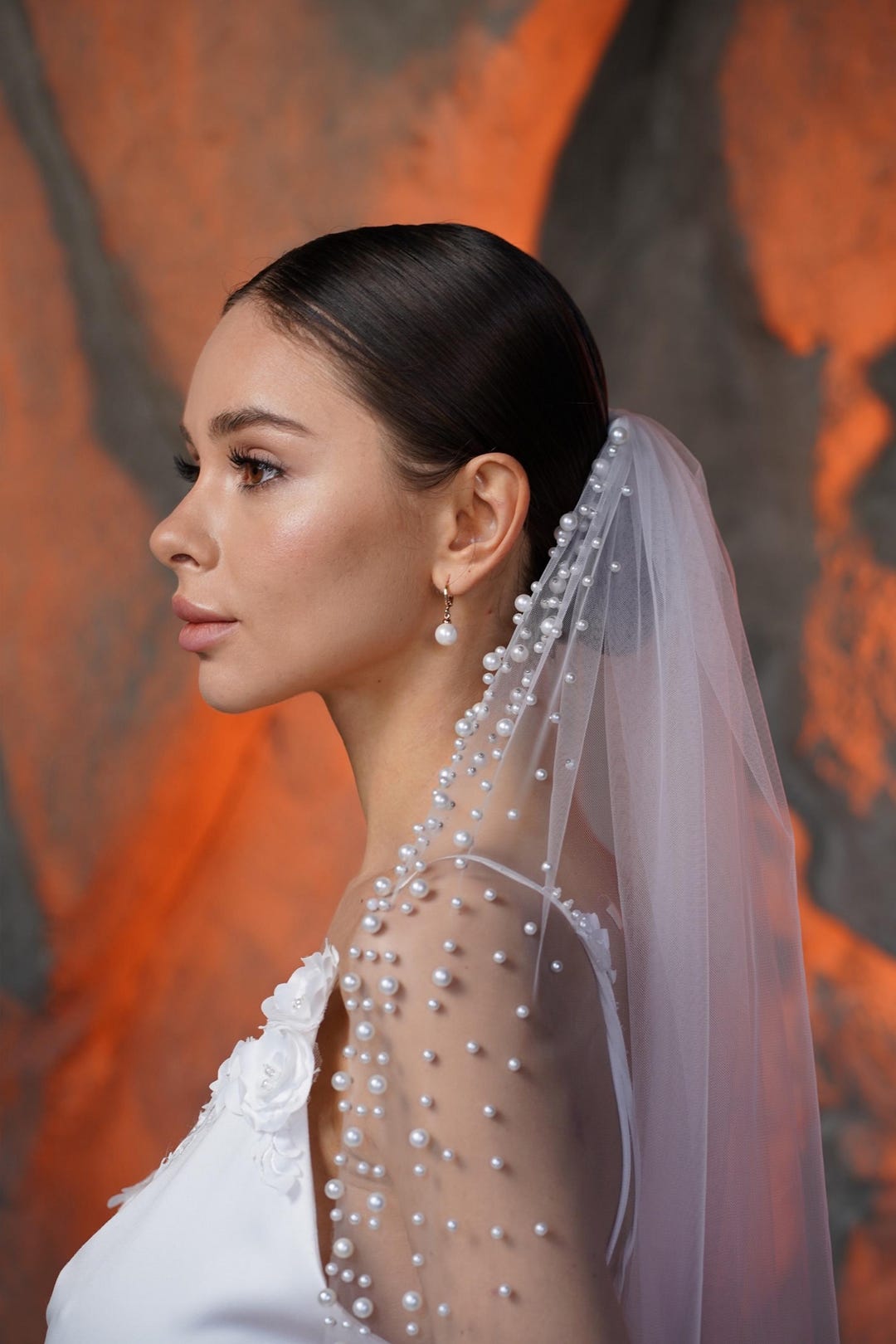 Wedding Veil With Pearls, Long Bridal Veil, Sheer Tulle Veil ...