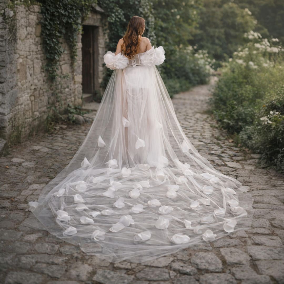 Ivory Bridal Cape With Puff Sleeves, Luxe Italian Tulle Overlay With ...