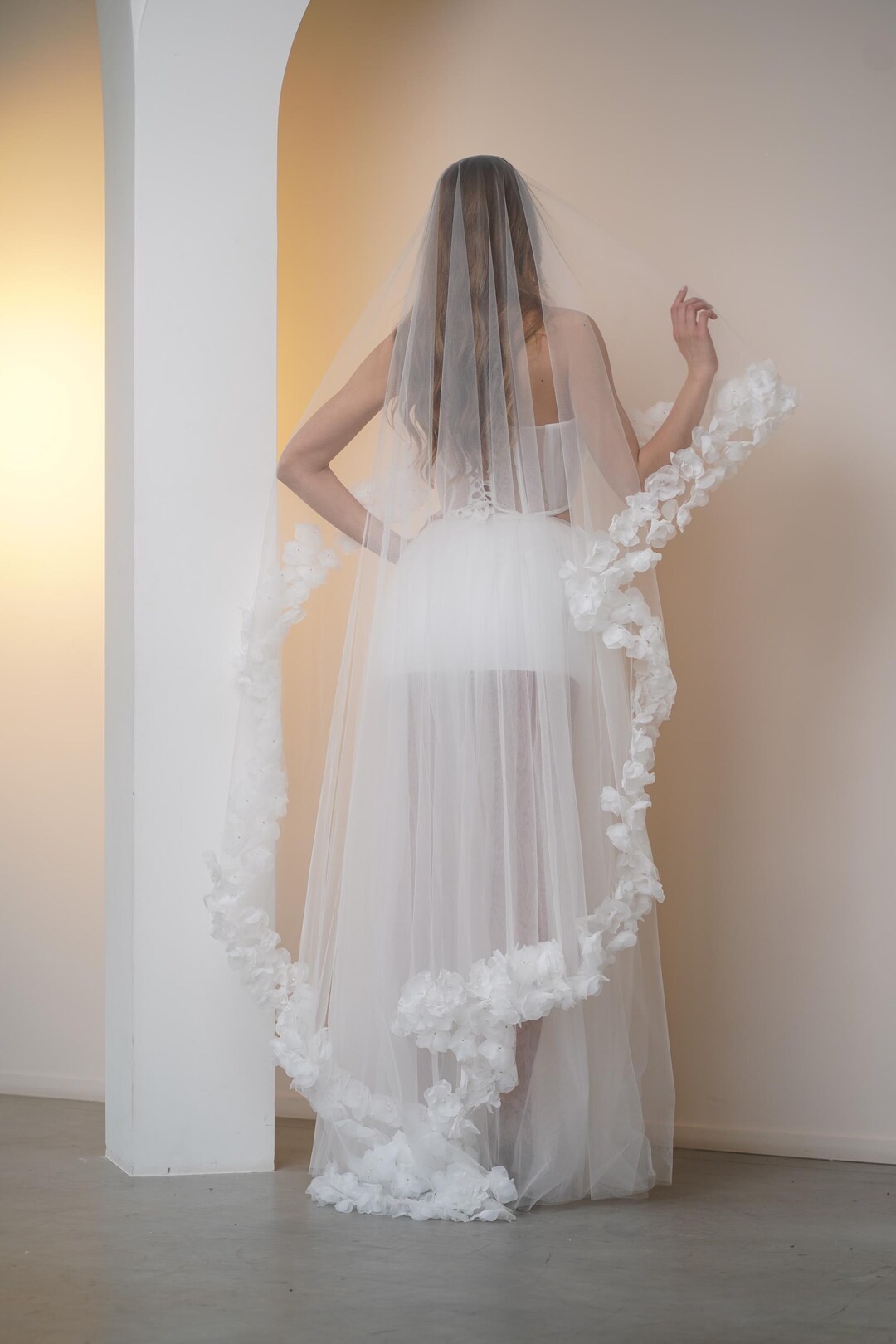 Long Sheer Floral Lace Edge Veil, Wedding Veil With 3d Flowers ...
