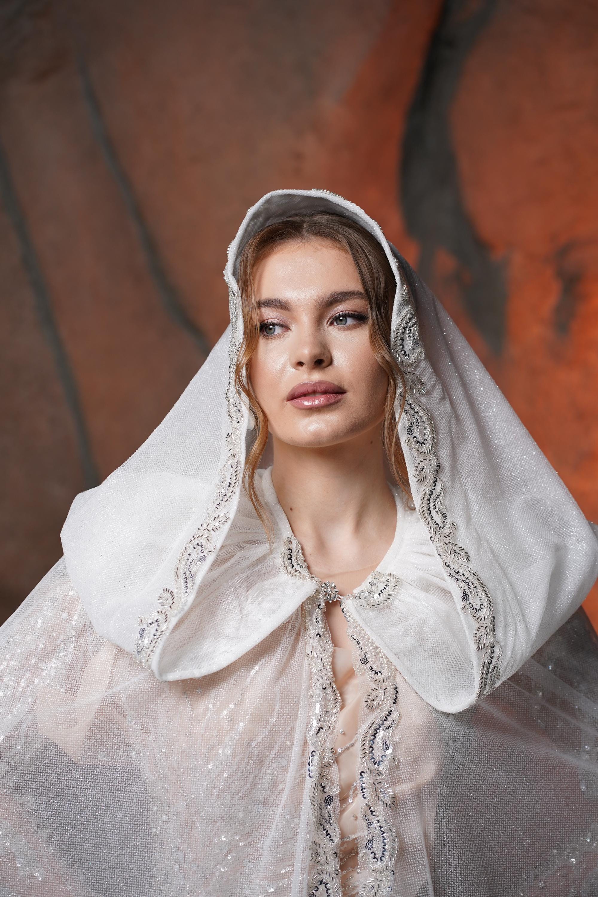 Wedding Hood Cape With Beaded Embroidery Lace, Extra Long Hooded Bridal ...