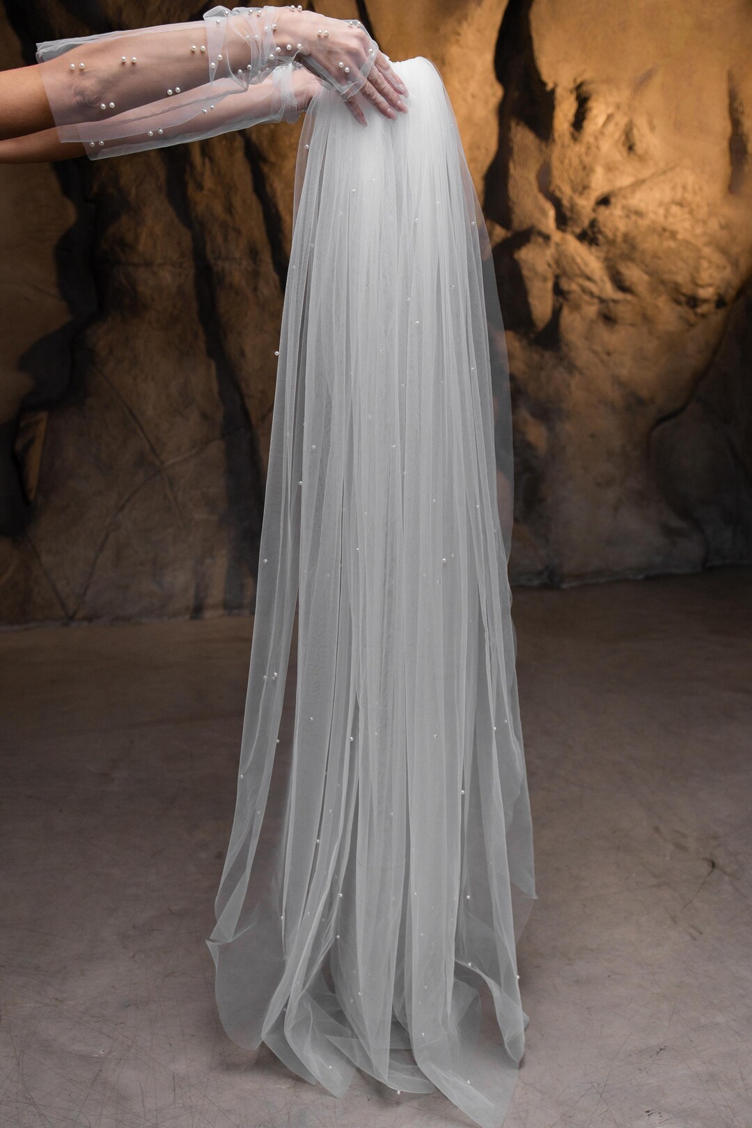 Long Ivory Bridal Veil With Pearls, Luxe Italian Tulle Wedding Veil Set ...