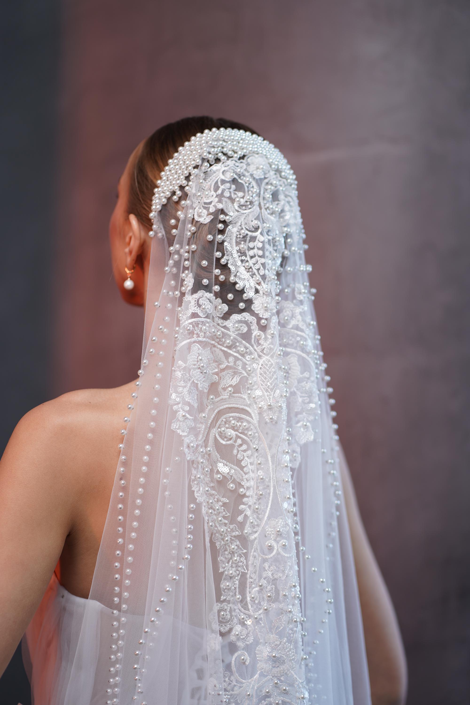 Pearl Embroidered Cathedral Wedding Veil, Extra Long Soft Tulle Veil ...