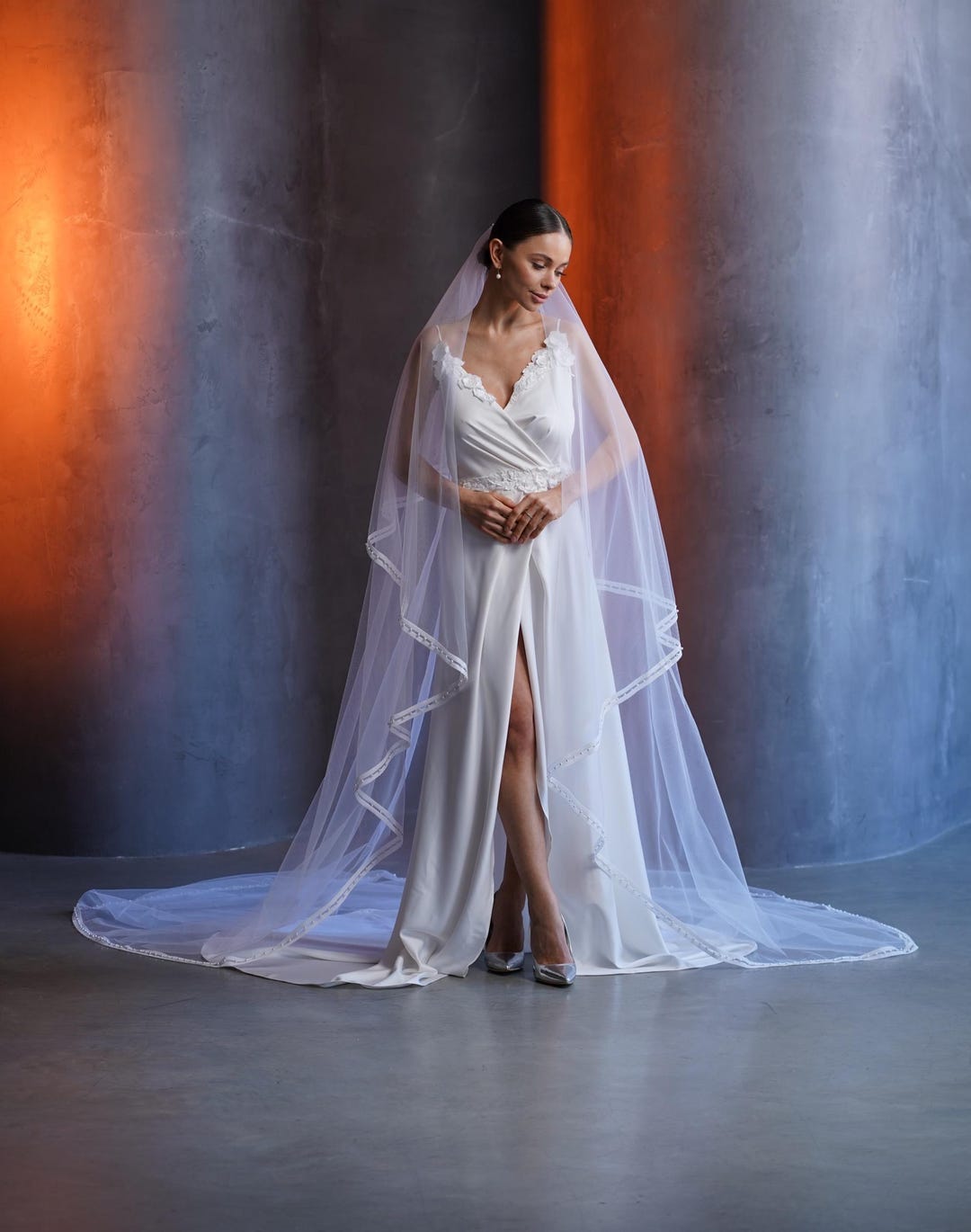 Floor Length Wedding Veil, Extra Long Ivory Double Layer Tulle Veil ...