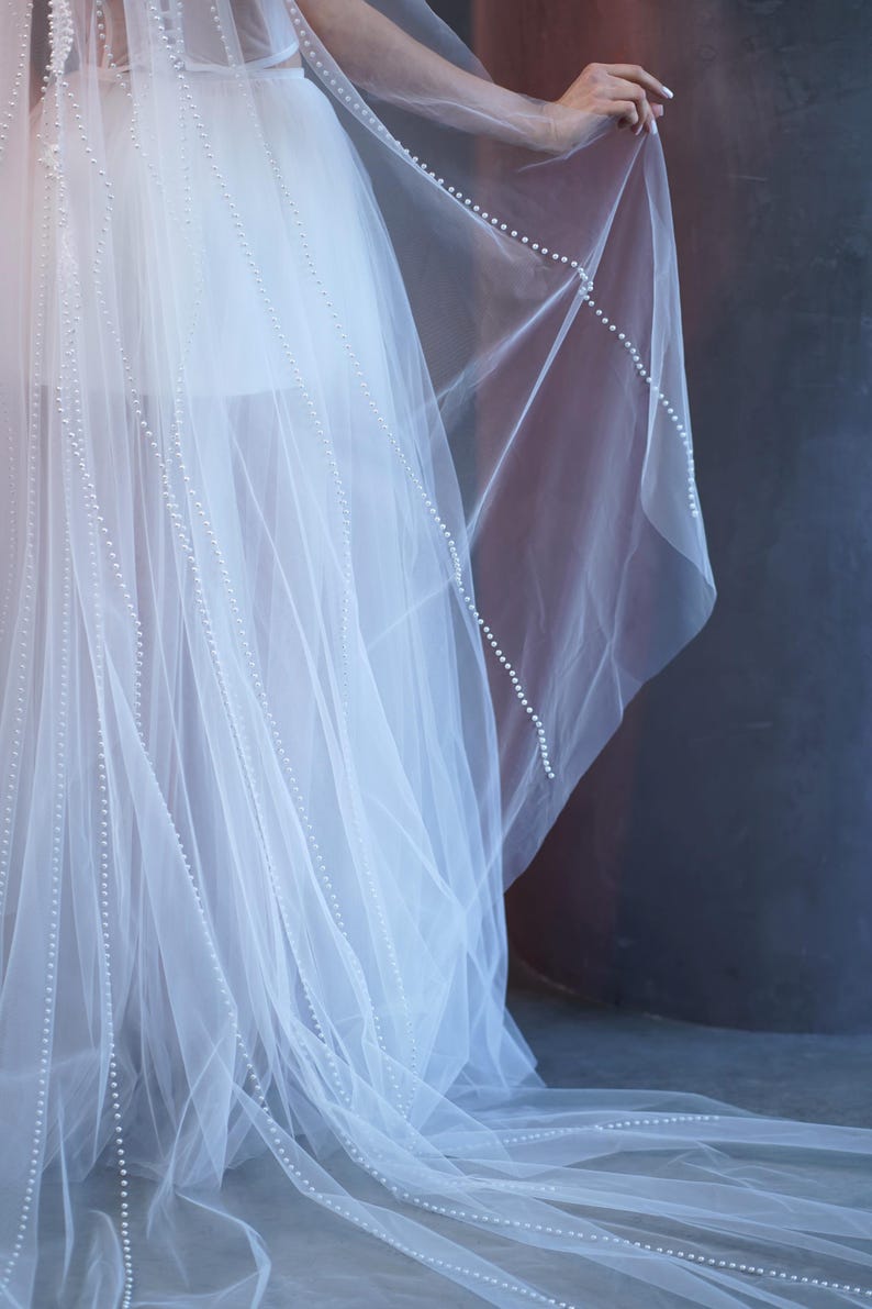 Pearl Embroidered Cathedral Wedding Veil, Extra Long Soft Tulle Veil ...