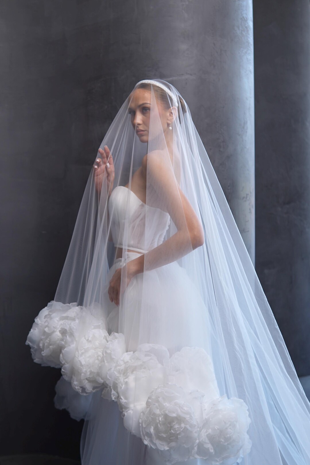 Cathedral Drop Veil With Ruffled Edge, Dramatic Long Bridal Veil ...