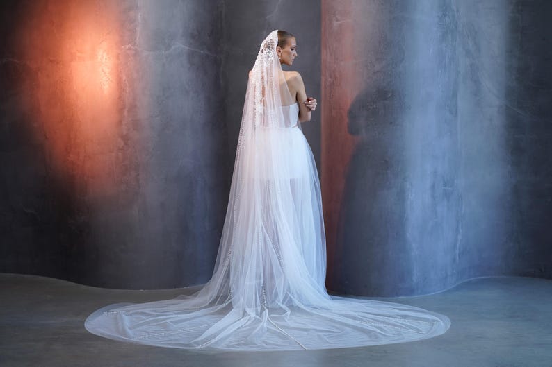 Pearl Embroidered Cathedral Wedding Veil, Extra Long Soft Tulle Veil ...