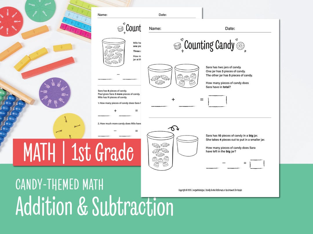 1st Grade Math | Addition & Subtraction | Candy Themed | 2 Pages - Etsy