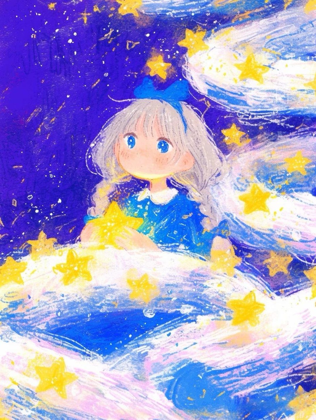 Stargazing Girl Art Print: Dreamy Night Sky Nursery Decor (digital ...