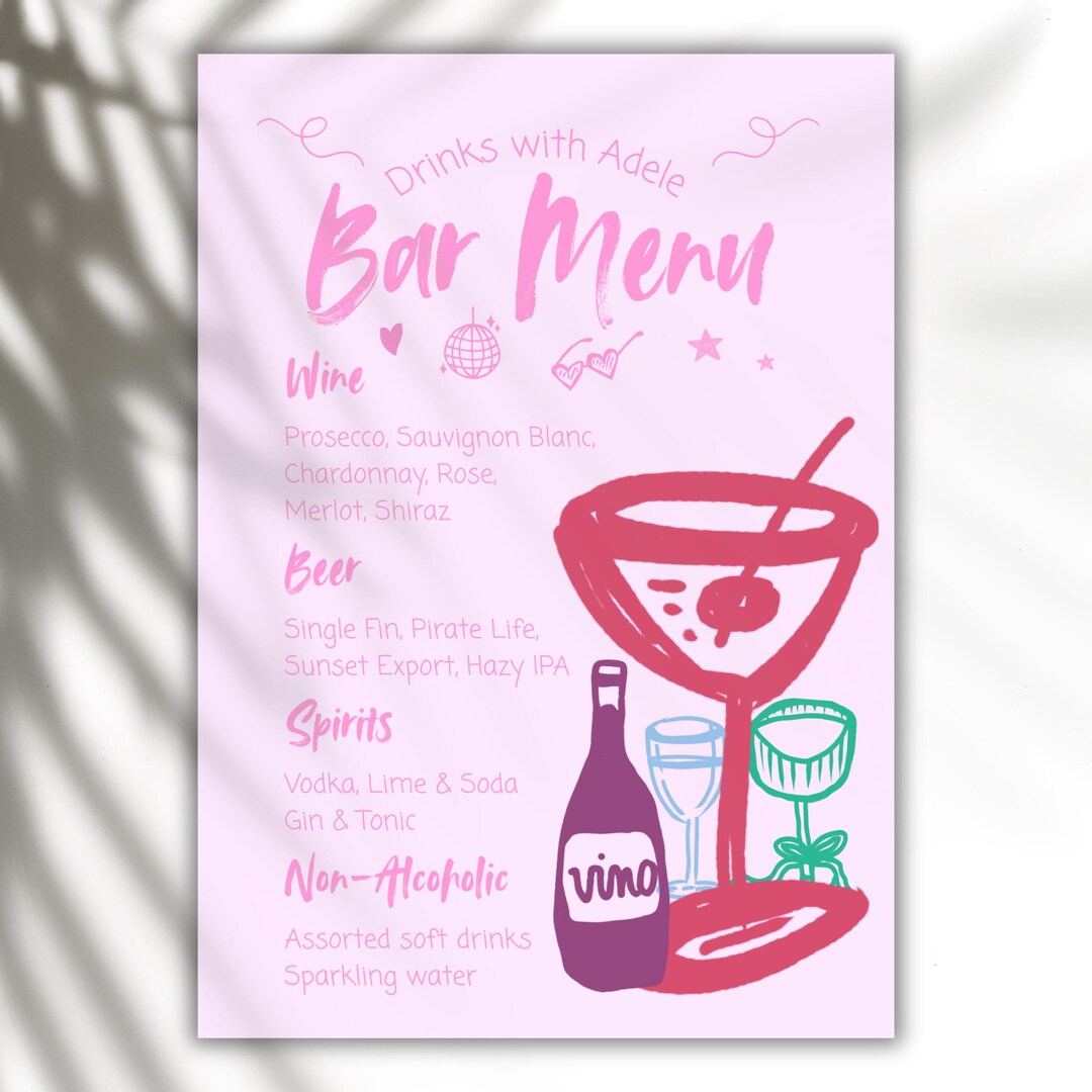 Pink Drinks Menu Template | Printable Birthday Cocktail Sign | Hand ...