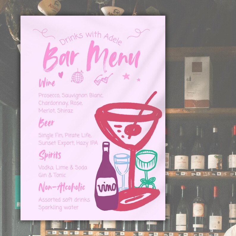 Pink Drinks Menu Template | Printable Birthday Cocktail Sign | Hand ...