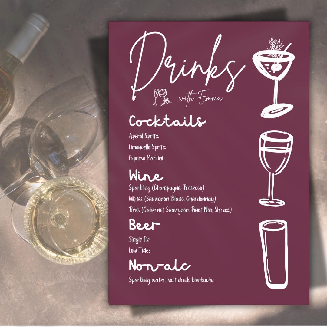 Drinks Menu Template | Printable Birthday Cocktail Sign | Hand Drawn ...