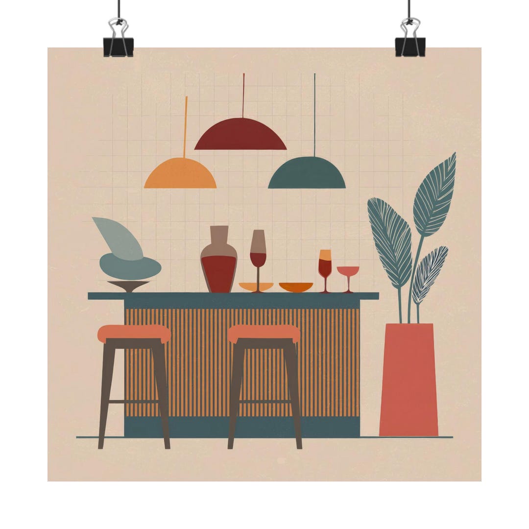 Midcentury Modern Retro Bar Decor, Retro Minimalism, Grid Pattern, Wall ...