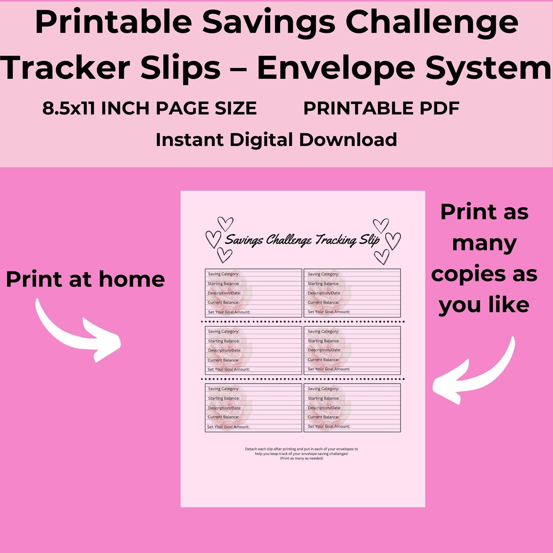 Printable Savings Challenge Tracker Slips for Cash Envelope System ...