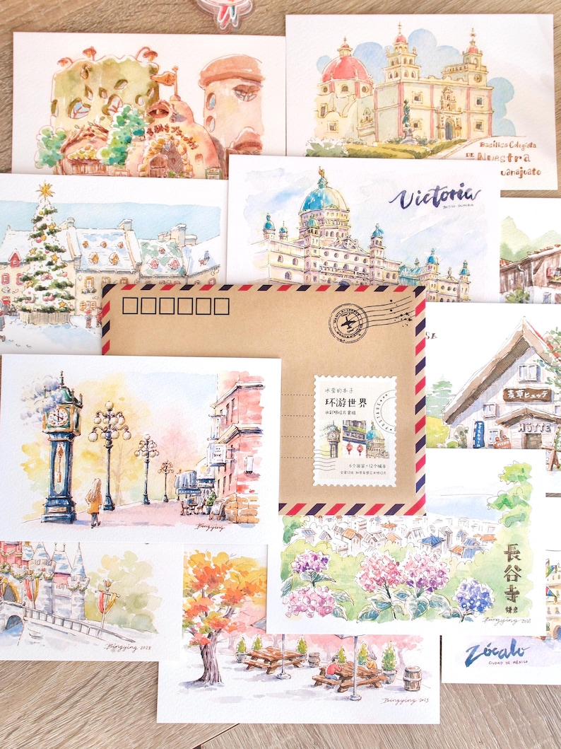 World Travel: Set of 12 Watercolor Postcard Prints - 6 Countries, 12 ...