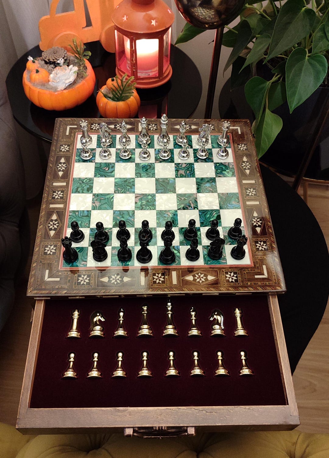 Luxury Wooden Chess Set – Handmade Board With Storage & Metal Pieces ...