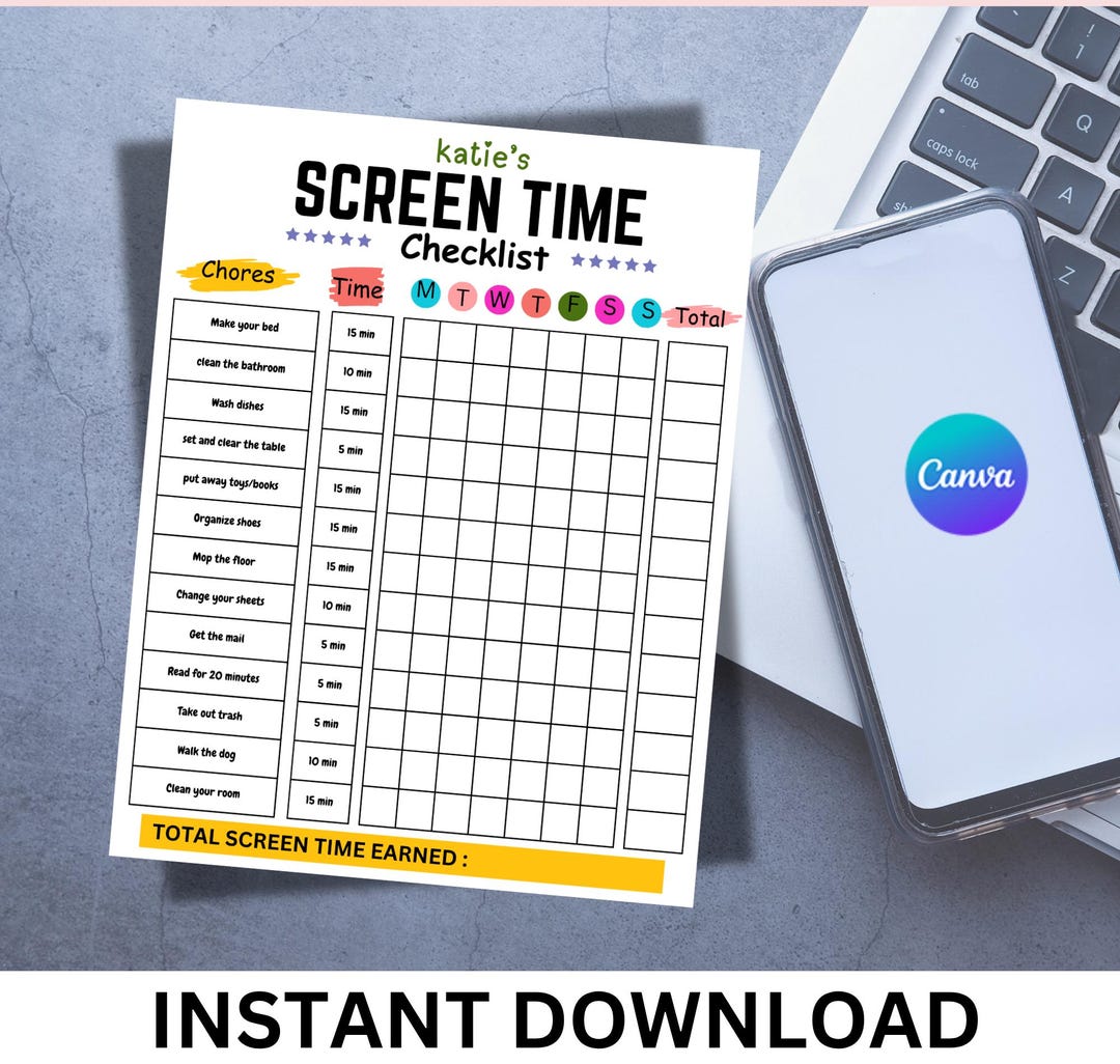 Printable Kids Screen Time Checklist, Editable Screen Time Chart, Teens ...