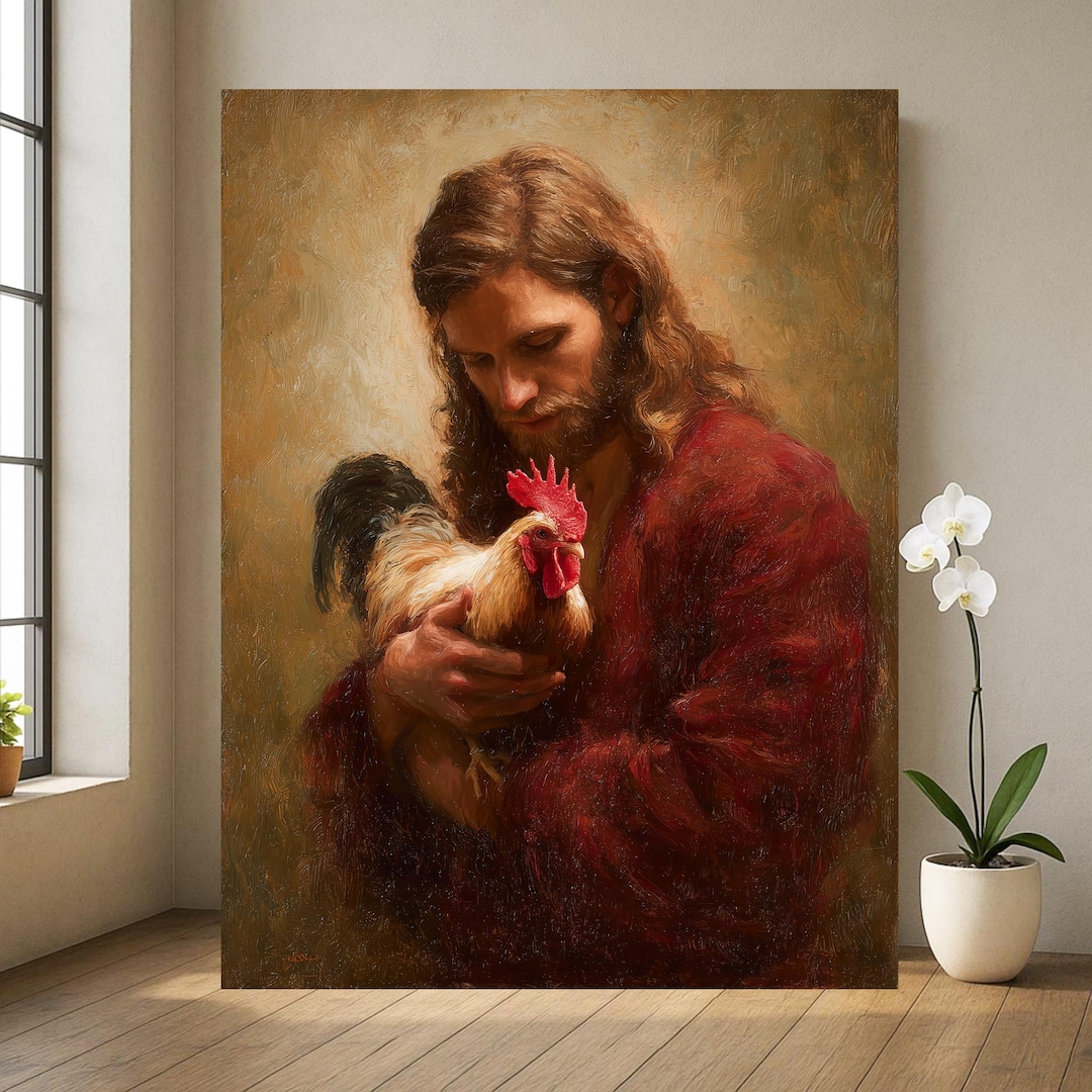 Jesus Holding Rooster Canvas Wall Art – Christian Farmhouse Religious ...