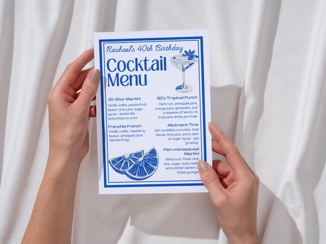 40th Birthday Cocktail Menu, With 40th Themed Cocktails! INSTANT ...