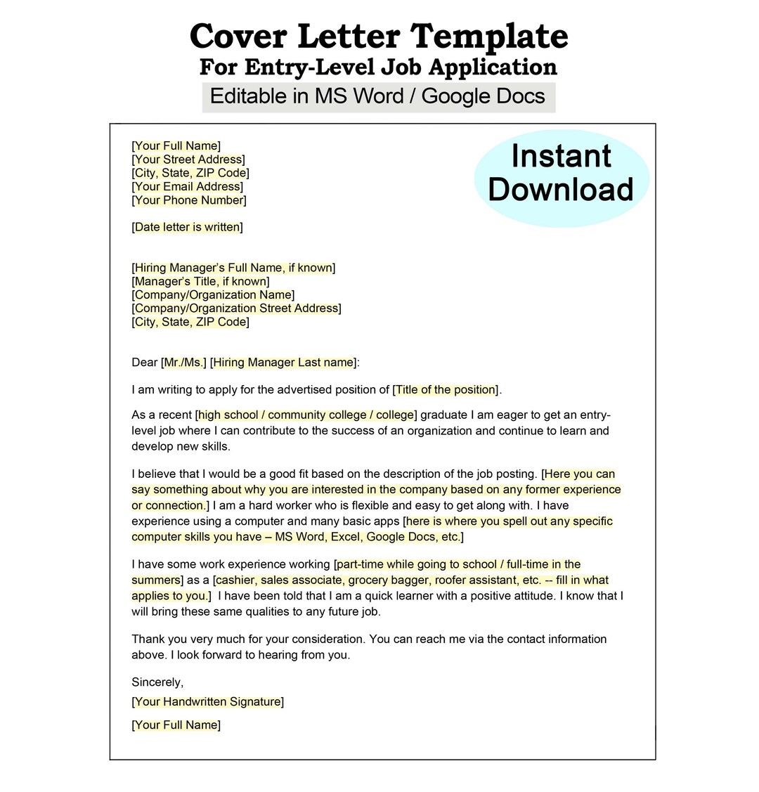 Cover Letter Template for Entry Level Job Application -- Instant ...
