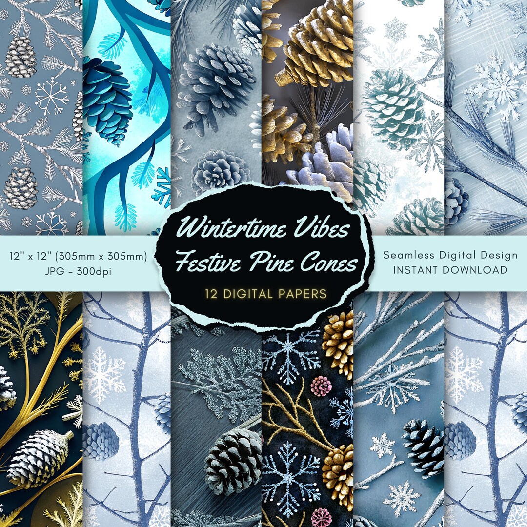 Winter Pinecone Snowflake Digital Paper Pack | Seamless Holiday ...