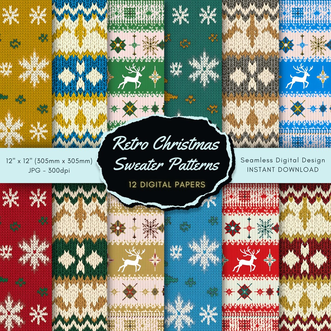 Retro Christmas Sweater Digital Paper Pack | Knitted Patterns (digital ...