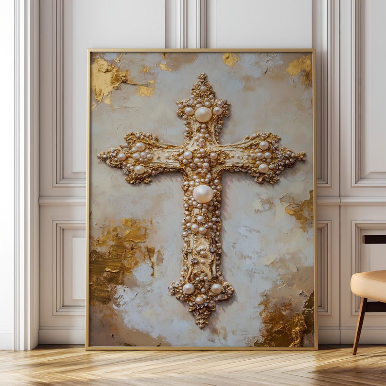 Gold Beaded Cross: Christian Wall Art (digital Download) - Etsy