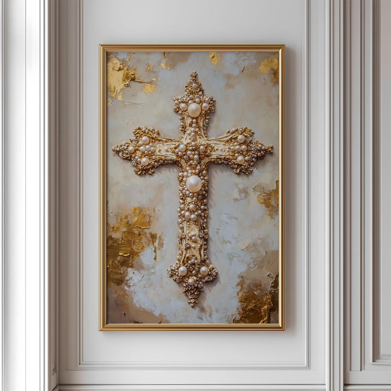 Gold Beaded Cross: Christian Wall Art (digital Download) - Etsy