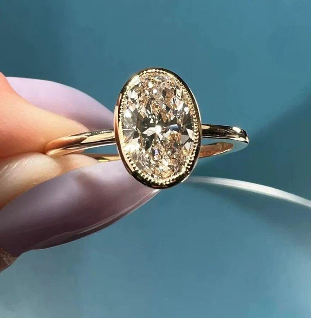 3 CT Fancy Bezel Setting Oval Moissanite Engagement Ring Bezel Setting ...